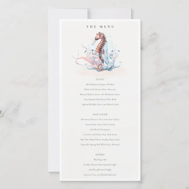 Underwater Seahorse Seaweed Wedding Menu Card | Zazzle