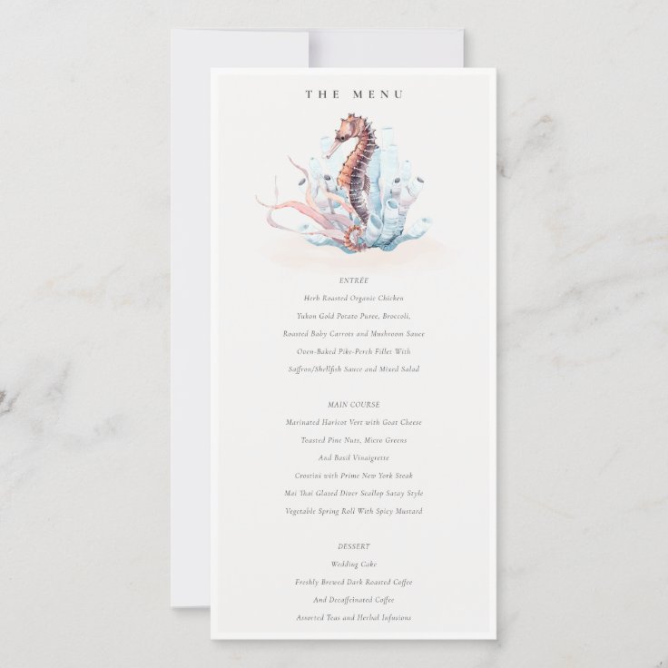 Underwater Seahorse Seaweed Wedding Menu Card | Zazzle