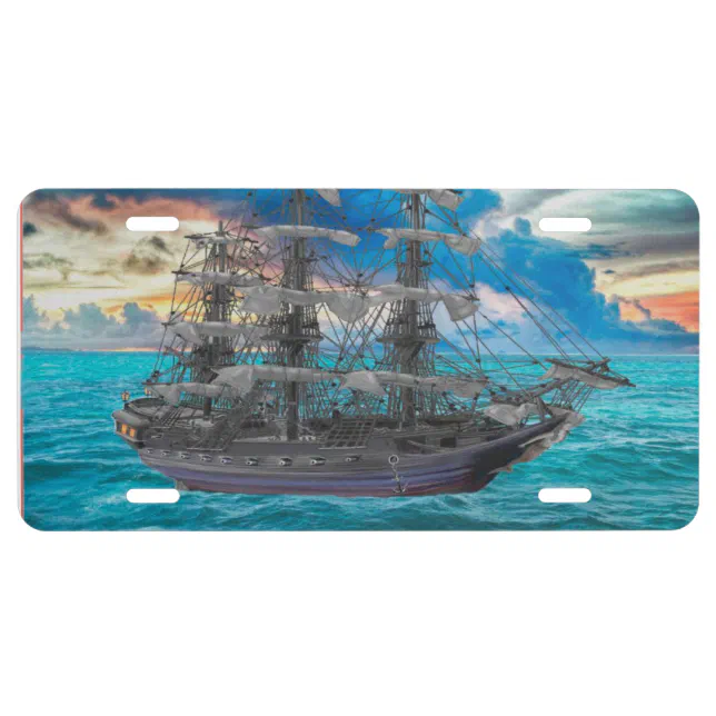 Unfurled Pirate Ship at Sunset License Plate | Zazzle