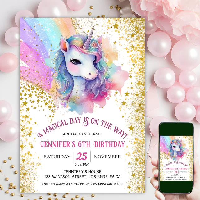 Unicorn 6th Birthday | Gold Glitter Rainbow Invitation | Zazzle