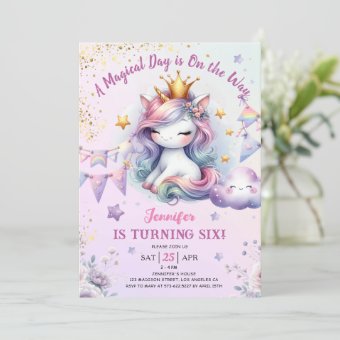 Unicorn 6th Birthday Invite Girl Pink & Gold | Zazzle