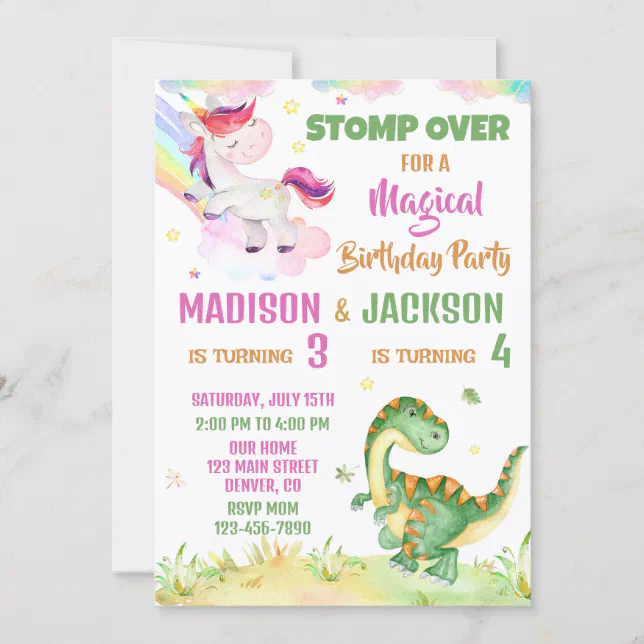 Unicorn and Dinosaur birthday invitation for two | Zazzle