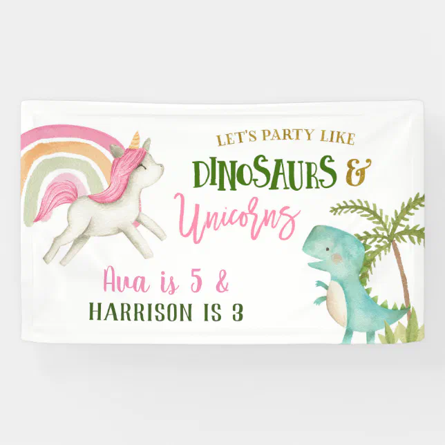 Unicorn and Dinosaur Birthday Party Large Banner | Zazzle
