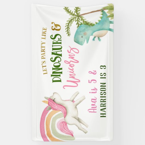 Unicorn and Dinosaur Birthday Party Large Banner | Zazzle