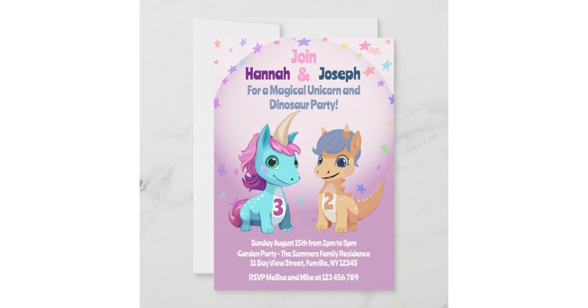 Unicorn and Dinosaur Kids Party Invitation | Zazzle