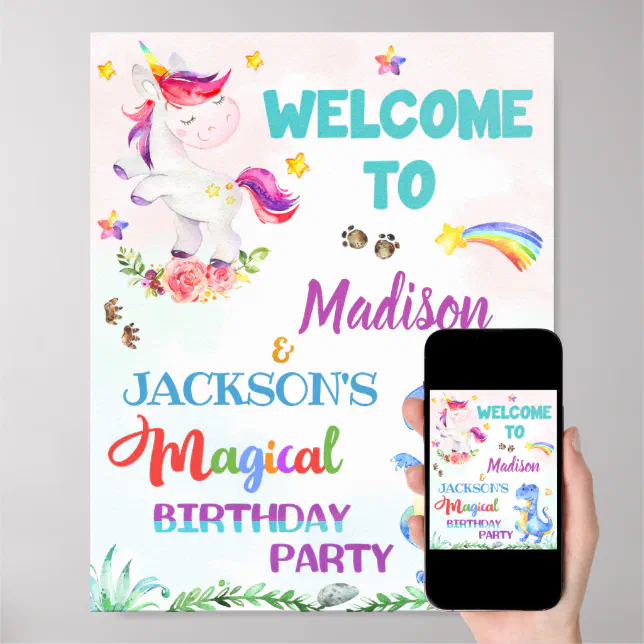 Unicorn and Dinosaur welcome party sign Magic sign | Zazzle