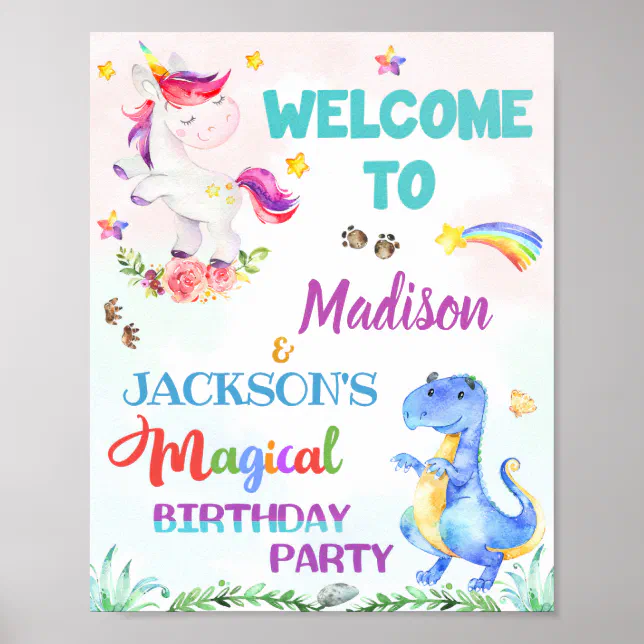 Unicorn and Dinosaur welcome party sign Magic sign | Zazzle