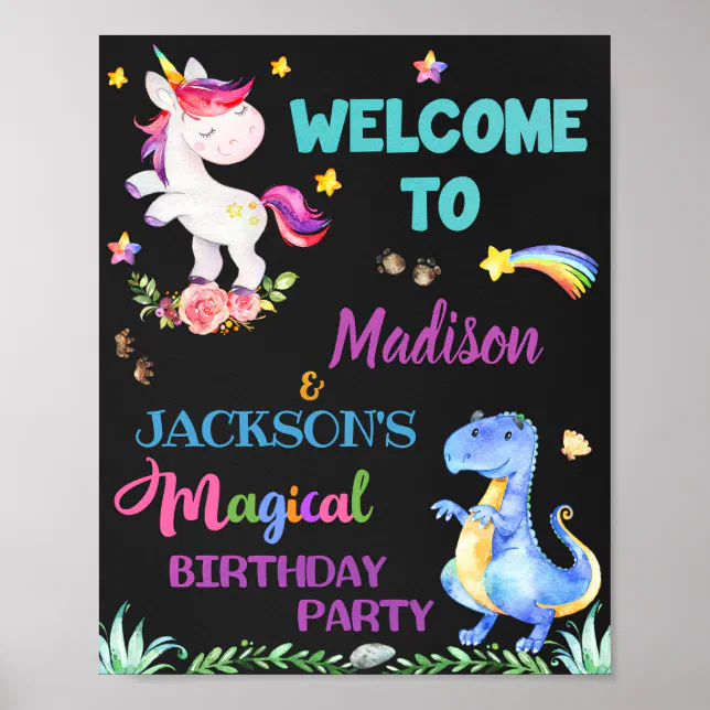 Unicorn and Dinosaur welcome party sign Magic sign | Zazzle