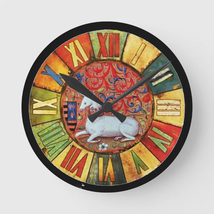 UNICORN AND MEDIEVAL FLOWERS,FANTASY FLORAL MOTIFS ROUND CLOCK | Zazzle
