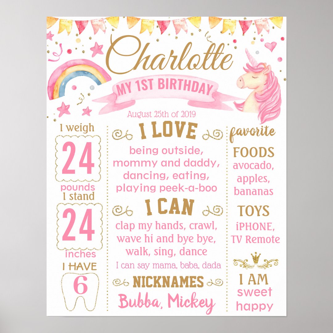 Unicorn and rainbow Birthday board Poster | Zazzle