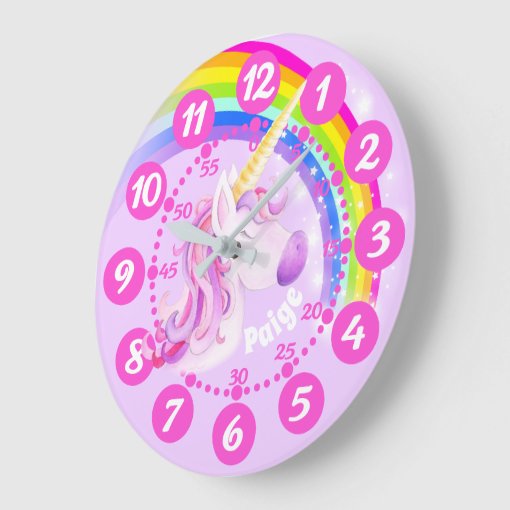 Unicorn and rainbow purple pink art kids clock | Zazzle