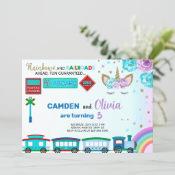 Unicorn and trains siblings birthday invitation. invitation | Zazzle