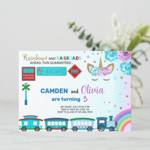 Unicorn and trains siblings birthday invitation. invitation | Zazzle