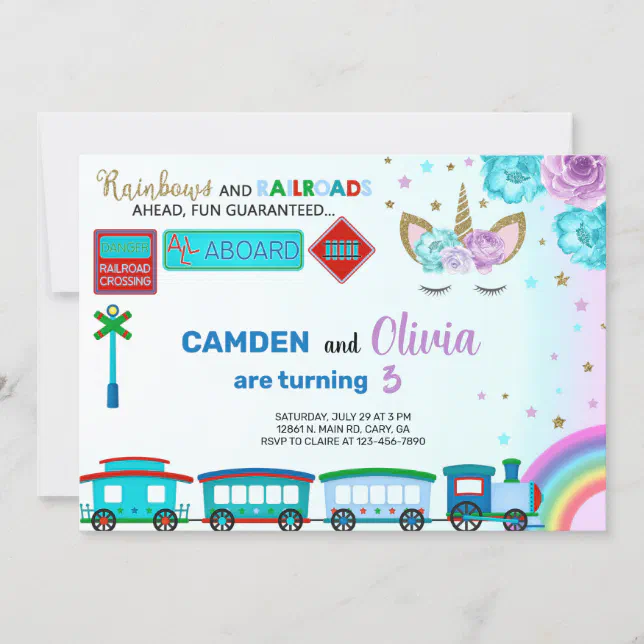 Unicorn and trains siblings birthday invitation. invitation | Zazzle
