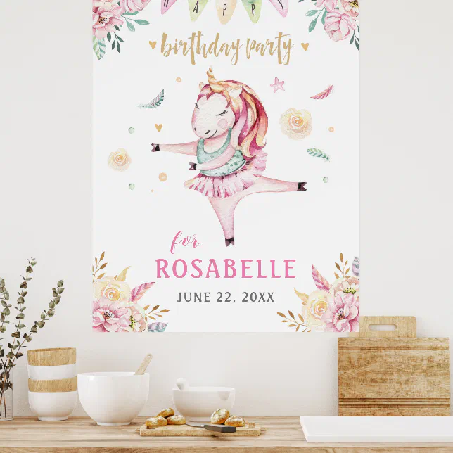 Unicorn Ballerina Pink Floral Birthday Party Poster | Zazzle