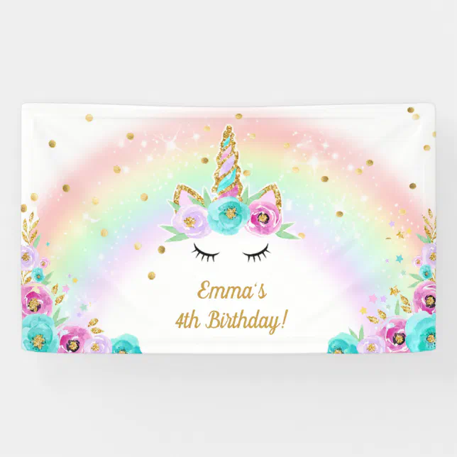 Unicorn banner with flowers and a rainbow | Zazzle