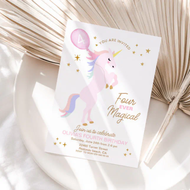 Unicorn Birthday Invitation - FOUR ever MAGICAL | Zazzle