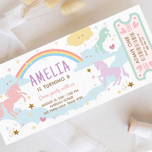 Unicorn Birthday Rainbow Pastel Magical Ticket Invitation | Zazzle