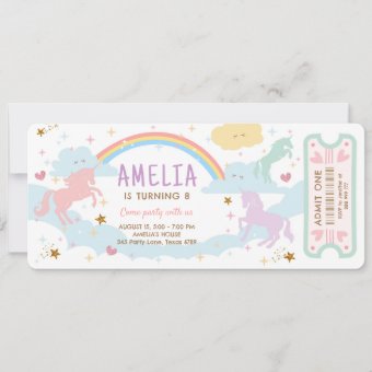 Unicorn Birthday Rainbow Pastel Magical Ticket Invitation | Zazzle