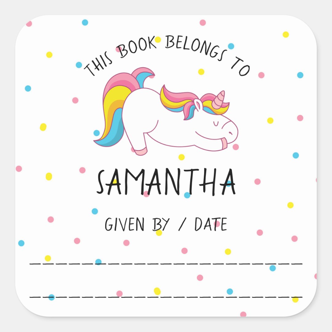 Unicorn bookplate, from the library of, book square sticker | Zazzle