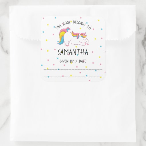 Unicorn bookplate, from the library of, book square sticker | Zazzle