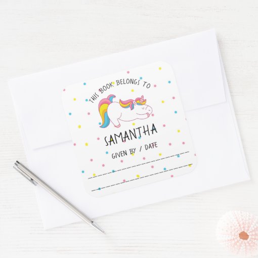 Unicorn bookplate, from the library of, book square sticker | Zazzle