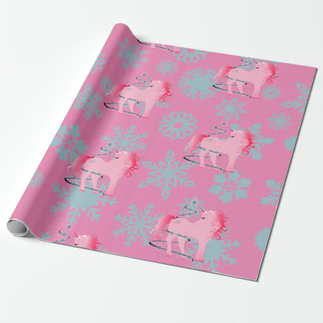 Unicorn Christmas Pink Cute Whimsical Snowflakes Wrapping Paper | Zazzle