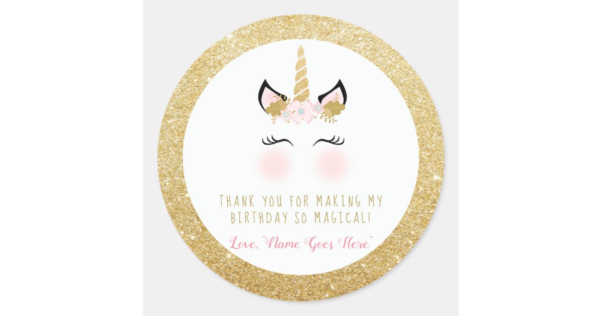 Unicorn Favor Sticker- Glitter gold and pink Classic Round Sticker | Zazzle