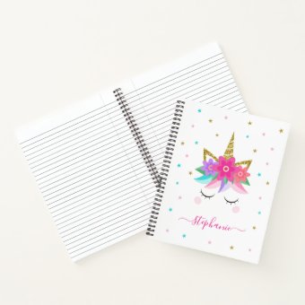 Unicorn Flowers Gold Glitter Personalized Notebook | Zazzle