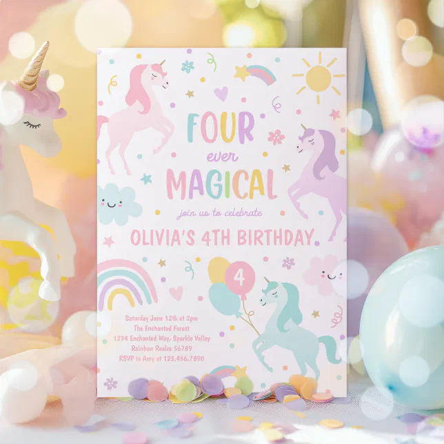 Unicorn Four Ever Magical 4th Party Birthday Party Invitation | Zazzle