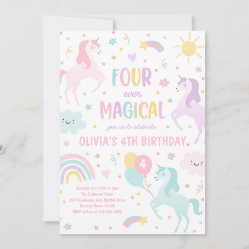 Unicorn Four Ever Magical 4th Party Birthday Party Invitation | Zazzle