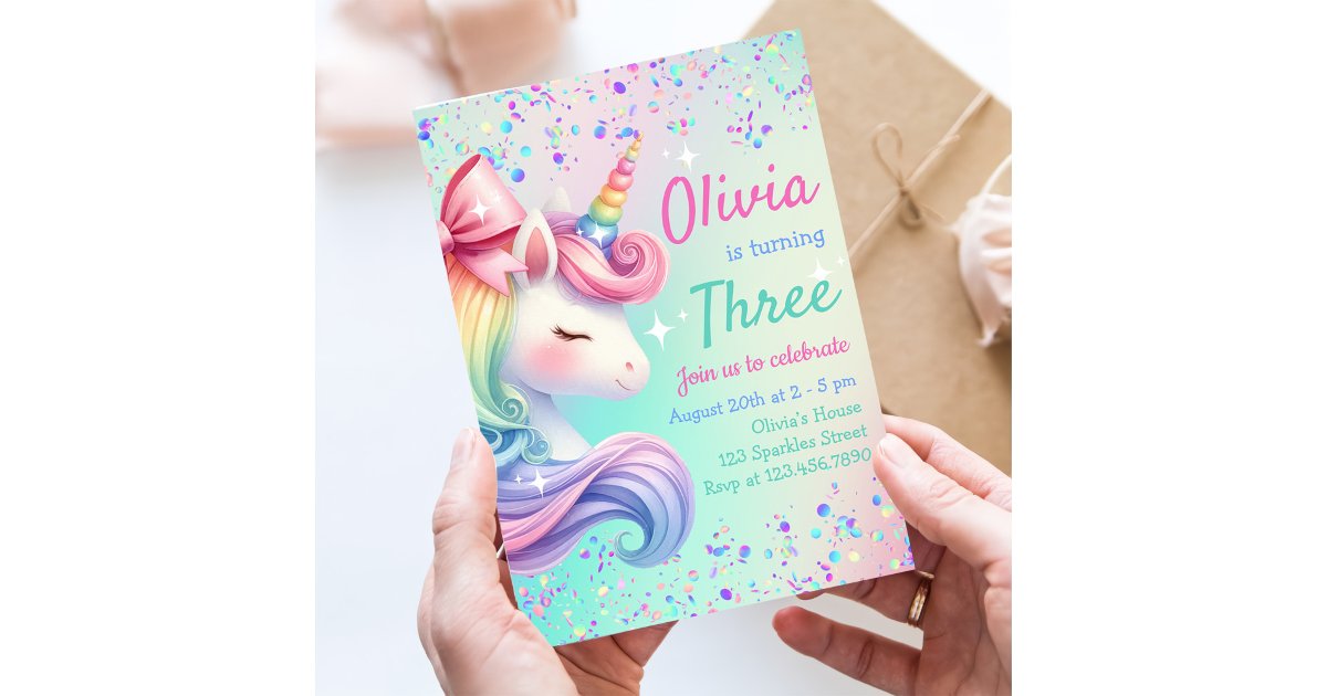 Unicorn Girl Magical Pastel Rainbow Birthday Invitation | Zazzle