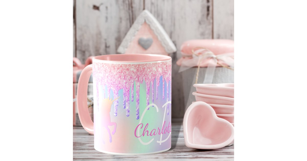 Unicorn glitter pink holographic monogram name mug | Zazzle