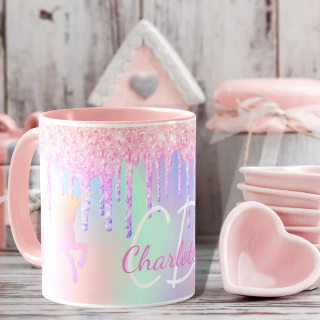 Unicorn glitter pink holographic monogram name mug | Zazzle