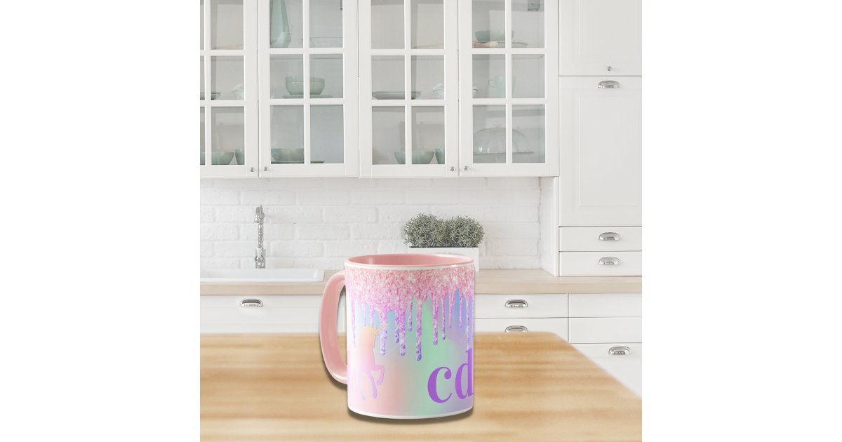 Unicorn glitter rainbow pink monogram holographic mug | Zazzle