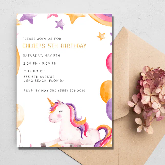 Unicorn Kids Girl 5th Birthday Party Invitation | Zazzle