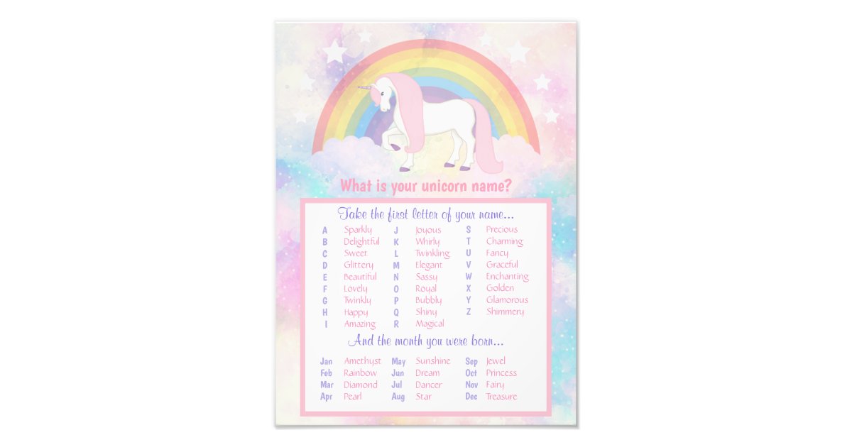Unicorn Name Game Birthday & Baby Shower Photo Print | Zazzle