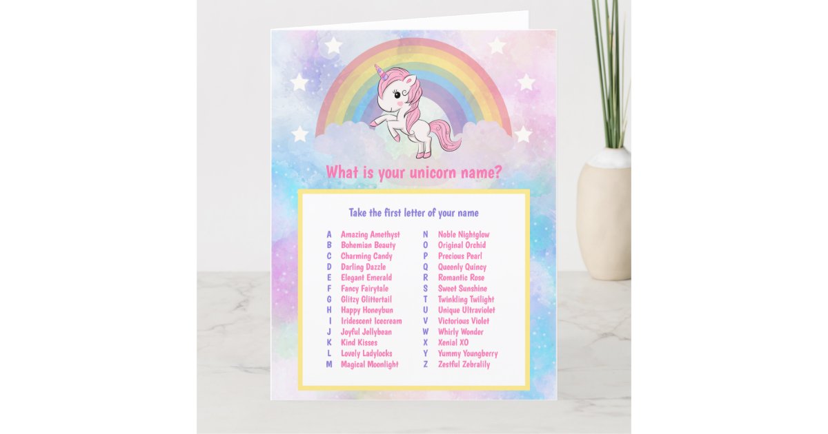 Unicorn Name Game Birthday Card | Zazzle