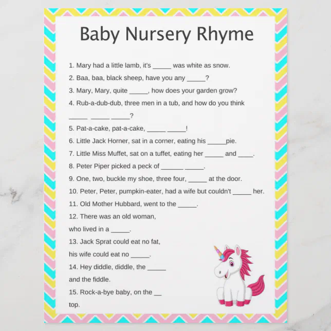 Unicorn Nursery Rhyme Baby Shower Game | Zazzle