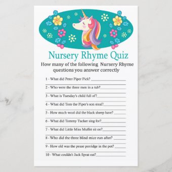 Unicorn Nursery Rhyme Quiz baby shower game | Zazzle