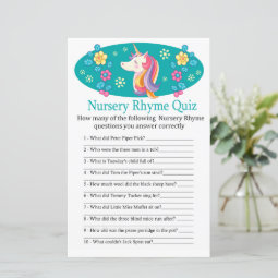 Unicorn Nursery Rhyme Quiz baby shower game | Zazzle