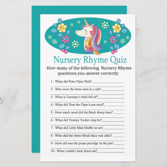 Unicorn Nursery Rhyme Quiz baby shower game | Zazzle