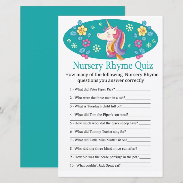 Unicorn Nursery Rhyme Quiz baby shower game | Zazzle