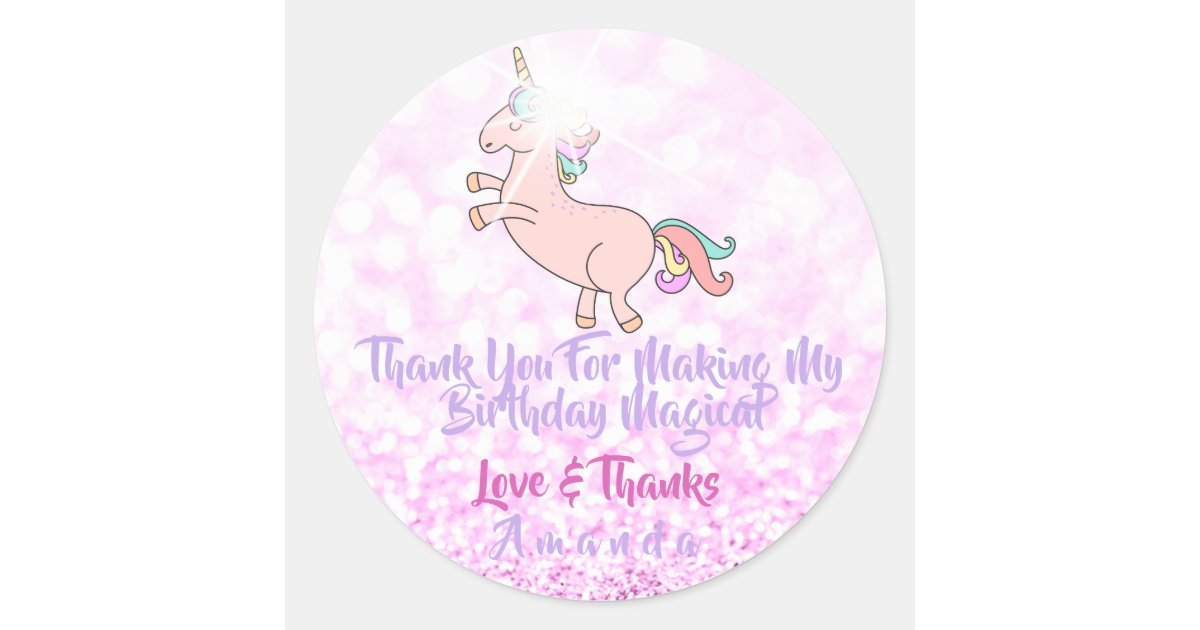 Unicorn Party Favor Thanks Pink Sparkly Glitter Classic Round Sticker ...