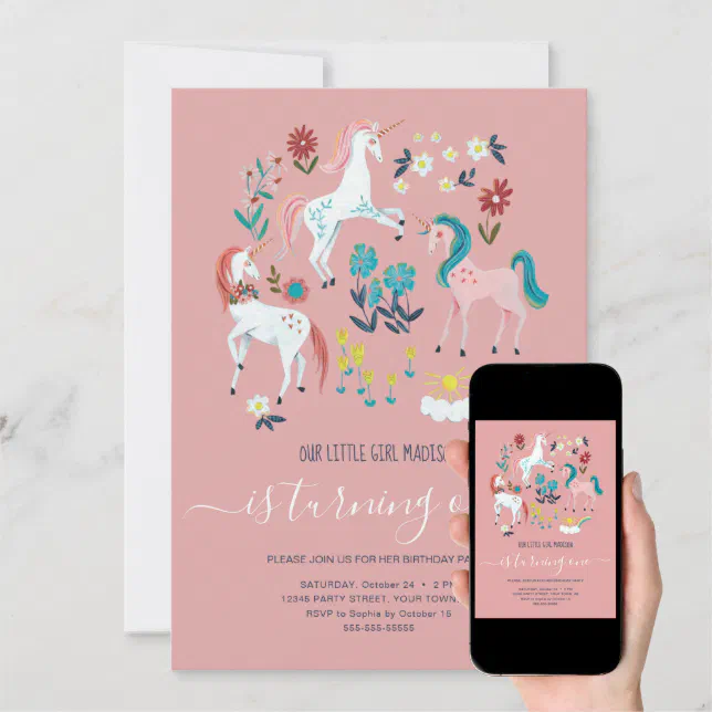 Unicorn pink cute magical girls first birthday inv invitation | Zazzle