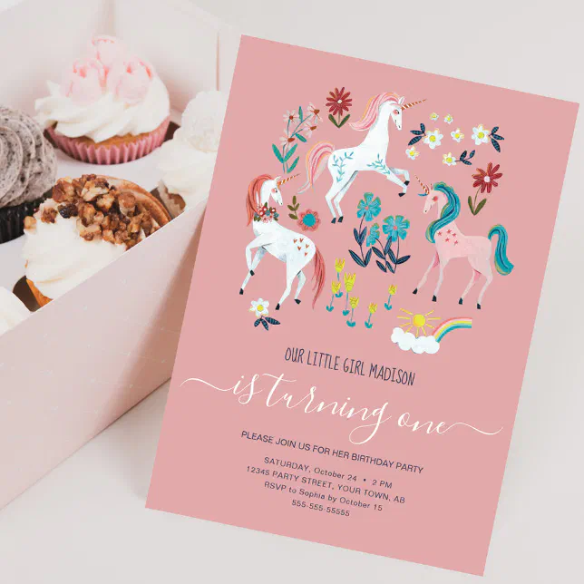 Unicorn pink cute magical girls first birthday inv invitation | Zazzle