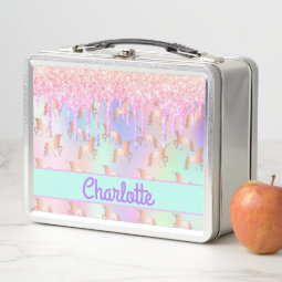 Unicorn pink glitter drip rainbow sparkle monogram metal lunch box | Zazzle