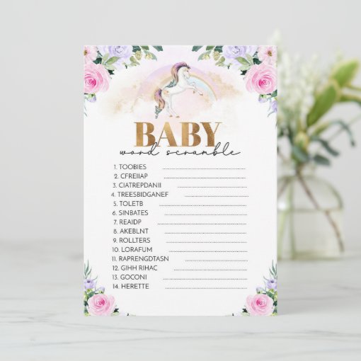 Unicorn Pink & Gold Baby Shower Word Scramble Game Invitation | Zazzle
