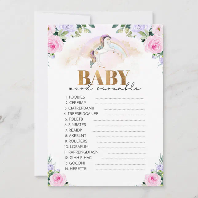 Unicorn Pink & Gold Baby Shower Word Scramble Game Invitation | Zazzle
