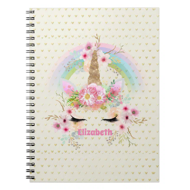 Unicorn Pink Gold Glitter Look Named Girls Floral Notebook | Zazzle